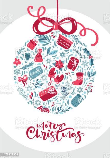 메리 크리스마스 서예 문자 손으로 쓴 텍스트입니다 크리스마스 요소와 꽃 공 인사말 카드 디자인 현대 겨울 시즌 엽서 브로셔 벽