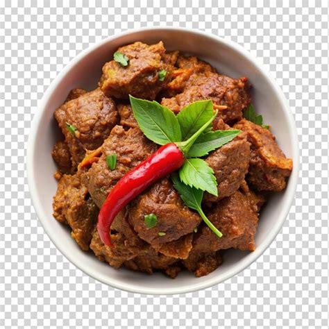 Rendang On White Bowl Top View White Background Premium Ai Generated Psd