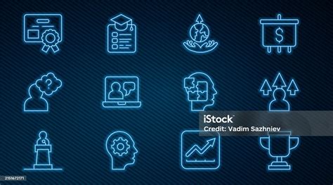 세트 라인 어워드 컵 프론트 엔드 개발 세계 확장 온라인 교육 물음표가 있는 머리 인증서 템플릿 퍼즐 전략 및 아이콘 벡터 개념에 대한 스톡 벡터 아트 및 기타 이미지