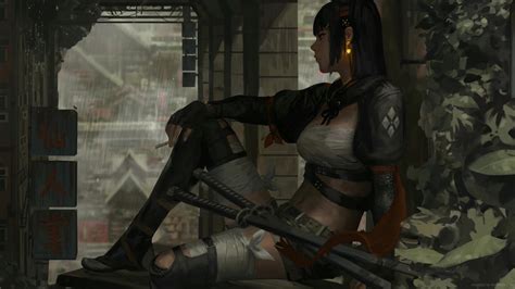 Fantasy Girl Samurai Smoking Relaxing Live Wallpaper Moewalls