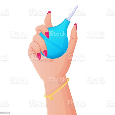 분홍색 고무 관종 이나 Clyster를 들고 백인 여자 의료 청소 바디 해독 도구 흰색 배경에 고립 된 만화 스타일의 그림 건강