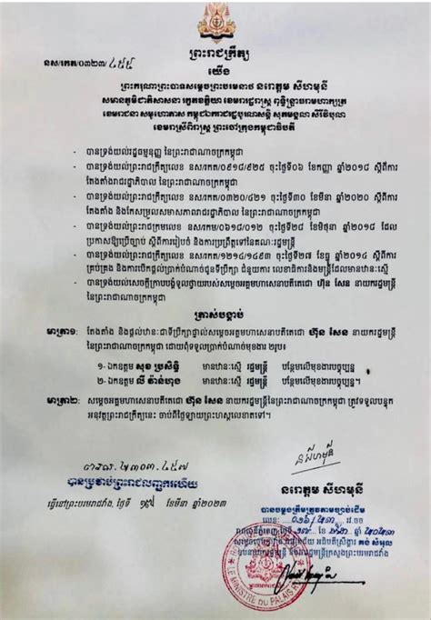 ព្រះមហាក្សត្រ ចេញព្រះរាជក្រឹត្យតែងតាំង និងផ្តល់ឋានៈជូន លោក សុខ ប្រសិទ្ធ និងលោក លី វ៉ាន់ហុង