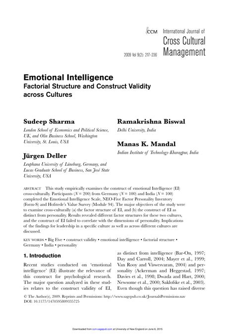 Pdf Emotional Intelligencefactorial Structure And Construct Validity Across Cultures
