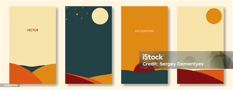 텍스트가 있는 장소와 함께 소셜 미디어에 대한 벡터 추상 집합입니다 자연 원소 태양 사막 달 별이 빛나는 빈티지 팔레트바다 미니멀 한 장식 포스터 0명에 대한 스톡 벡터