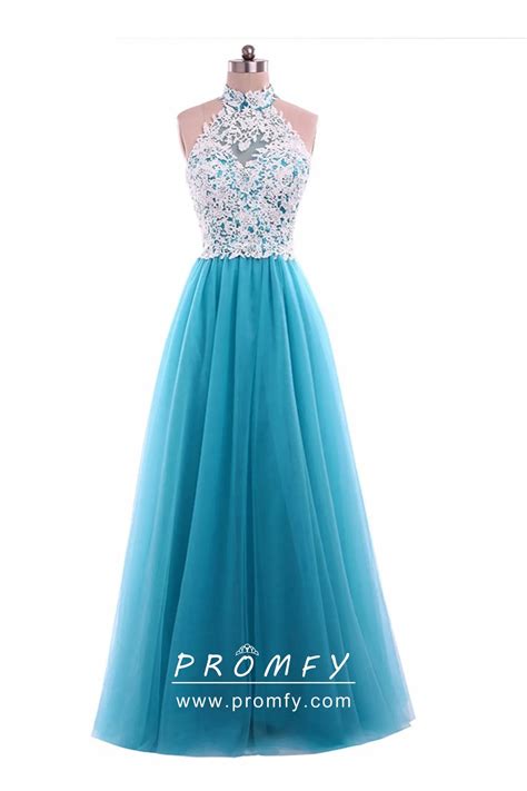 White Lace With Pool Blue Tulle Halter Prom Dress Promfy