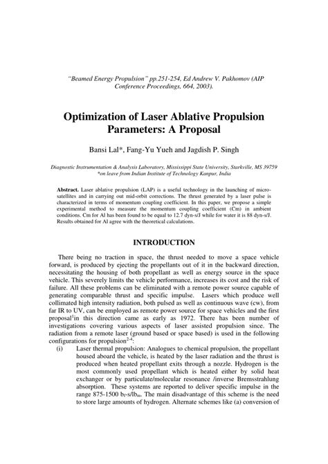 Pdf Optimization Of Laser Ablative Propulsion Parameters A Proposal