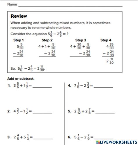 Subtracting Mixed Numbers Worksheet
