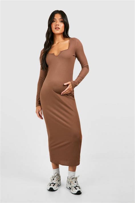 Maternity Soft Rib Notch Neck Bodycon Midaxi Dress Boohoo Uk