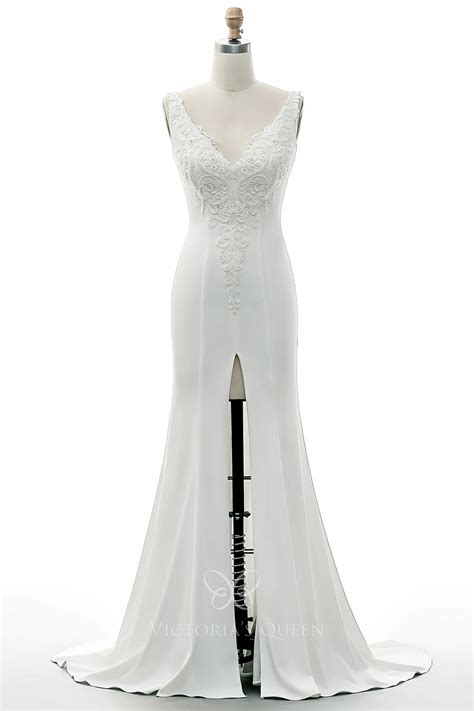 Minimalist Beaded Lace And Satin V Neck High Slit Wedding Gown Vq