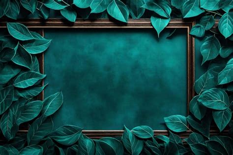 Premium Ai Image Green Leaves Frame Border With Dark Cyan Color Wall