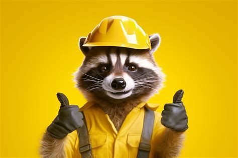 Premium Ai Image Raccoon Builder Showing Thumbsup Happy Labor Day