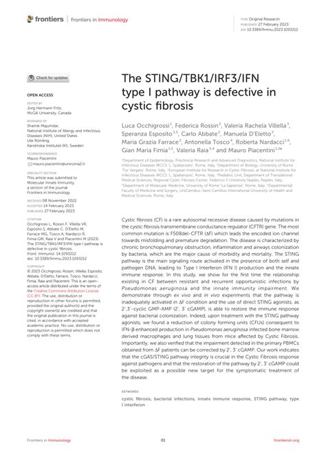 Pdf The Sting Tbk1 Irf3 Ifn Type I Pathway Is Defective In Cystic
