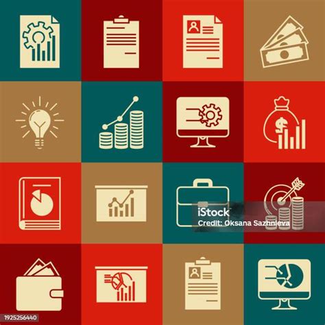 그래프 차트 대상 동전 기호 돈 가방 및 다이어그램 이력서 파이 인포 그래픽 전구 광선 아이디어 문서 및 아이콘의 개념을 빛나는 컴퓨터 모니터를 설정합니다 벡터 가방에 대한