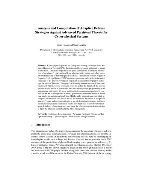 Pdf Analysis And Computation Of Adaptive Defense Strategies Against