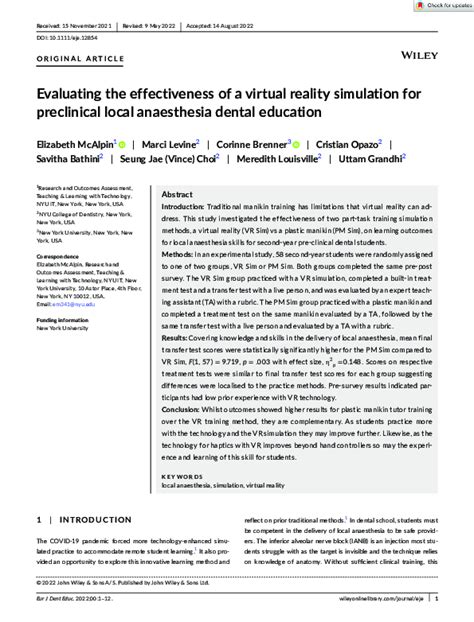 Pdf Evaluating The Effectiveness Of A Virtual Reality Simulation For Preclinical Local