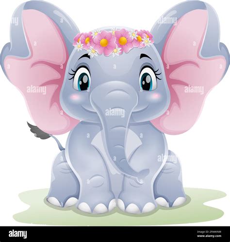 Dibujos animados lindo bebé elefante sentado en la hierba Imagen Vector