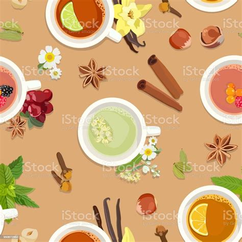 차에 맛 있는 첨가제와 차 컵 완벽 한 패턴입니다 벡터 일러스트입니다 0명에 대한 스톡 벡터 아트 및 기타 이미지 0명 개체 그룹 건강한 생활방식 Istock