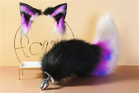 Purple Black Fox Tail Plug And Ear Neko Ear And Tail Set Neko Etsy