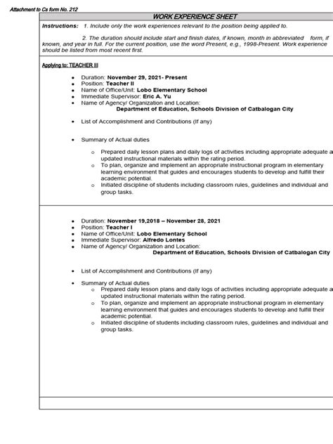 Cs Form 212 Attachment Work Experience Sheet Gabs Save As Pdf