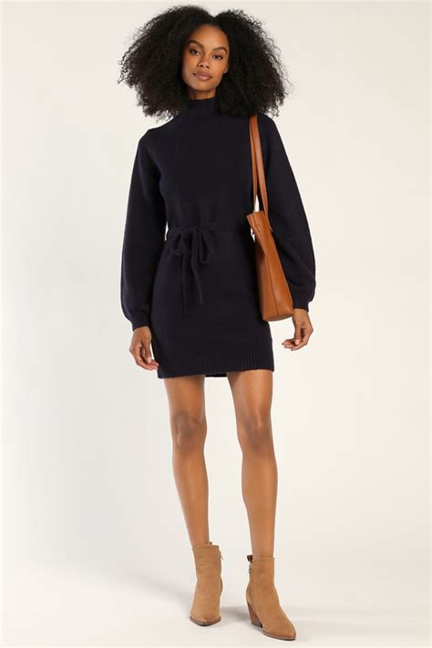Navy Sweater Dress Mock Neck Dress Long Sleeve Sweater Dress Lulus