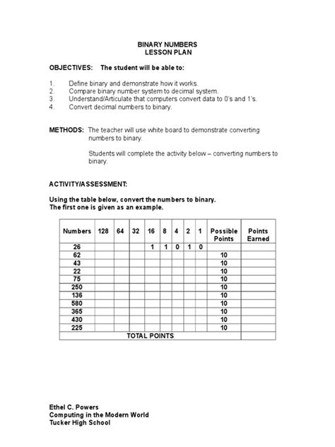 binary numbers lesson plan pdf