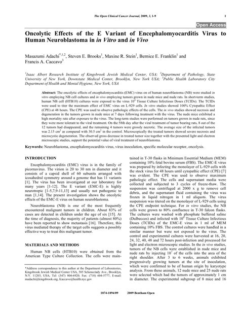 Pdf Oncolytic Effects Of The E Variant Of Encephalomyocarditis Virus To Human Neuroblastoma In