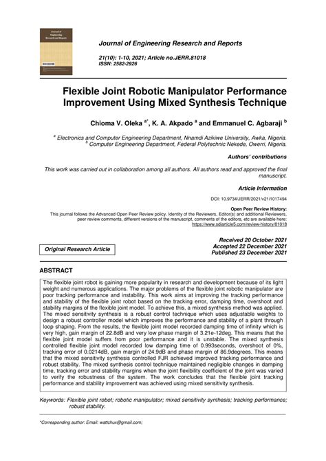 Pdf Flexible Joint Robotic Manipulator Performance Improvement Using Mixed Synthesis Technique