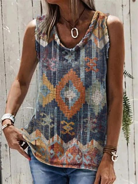 Ethnic Style Geometric Print Sleeveless T Shirt Vest Sleeveless