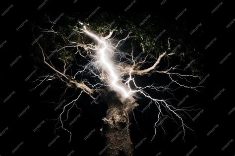 Lightning Bolt Splitting Tree In Half Natural Disaster Photo Premium