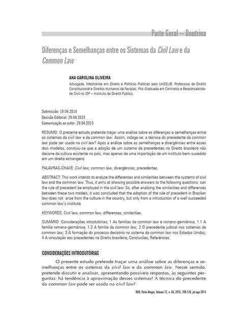 Civil Law E Common Law Diferenças E Semelhanças Pdf Direito Civil