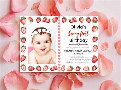 Berry First Birthday Invitation Editable Strawberry 1st Birthday