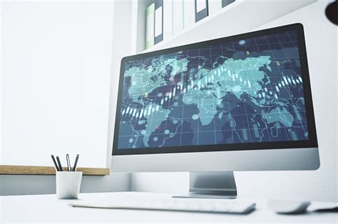 세계지도 연구 및 분석 개념과 추상적 인 창조적 인 금융 차트와 현대 컴퓨터 화면 3d 렌더링 0명에 대한 스톡 사진 및 기타 이미지 Istock