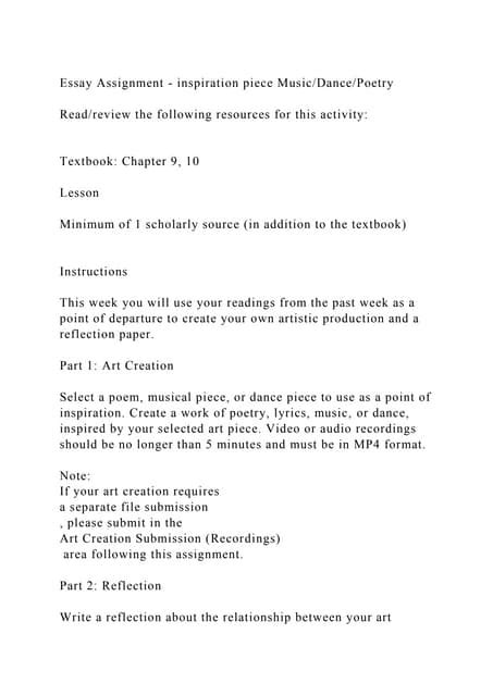 Essay Assignment Inspiration Piece Musicdancepoetryreadrevidocx