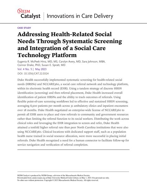 PDF Addressing Health Related Social Needs Through Systematic Screening And Integration Of A