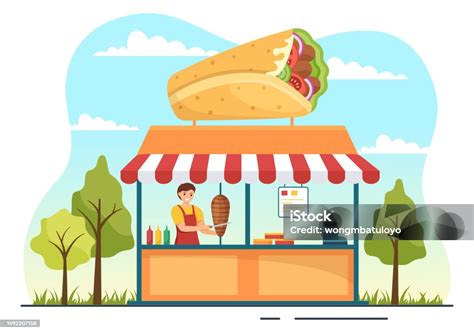 닭고기 또는 쇠고기 고기 샐러드 야채를 빵 또띠아 랩에 넣은 케밥 벡터 일러스트레이션은 플랫 만화 손으로 그린 템플릿에 싸여 있다 고기에 대한 스톡 벡터 아트 및 기타