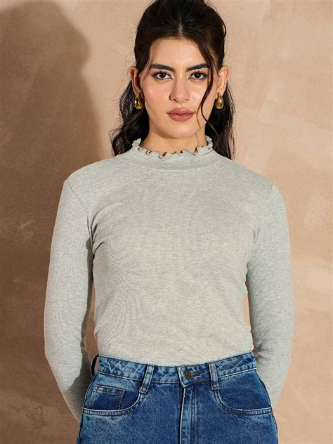 Buy Sassafras Women Grey Long Sleeves High Neck Top Tops For Women