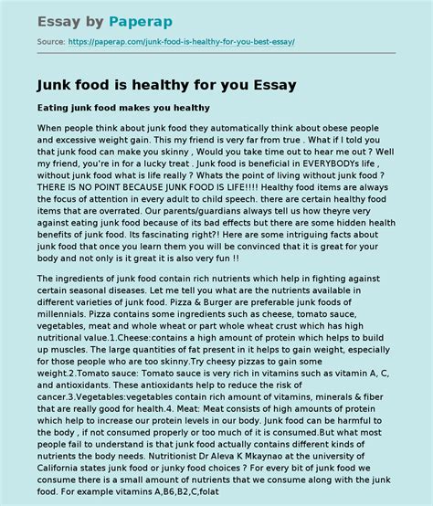 Junk Food Is Healthy For You Free Essay Example