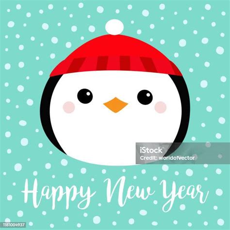 새해 복 많이 받으세요 펭귄 둥근 머리 얼굴 아이콘입니다 빨간 모자 즐거운 성탄절 귀여운 만화 가와이 이 아기 캐릭터입니다 북극
