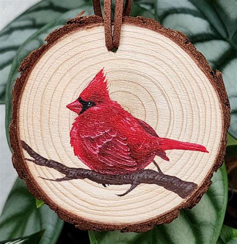 Cardinal Bird Wood Hanging Ornament Hand Painted With Acrylic Paint