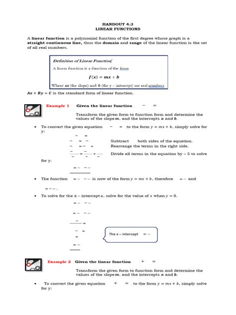 Handout 43 Linear Functions Table Pdf Function Mathematics Equations
