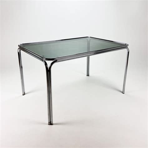 Italian Rectangular Dining Table With Tubular Frame And Smoked Glass