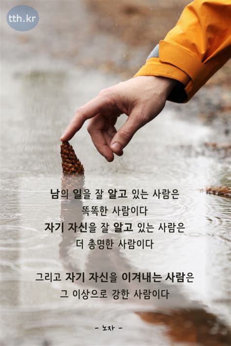 남의 일을 잘 알고 있는 사람은 똑똑한 사람이다 자기 자신을 잘 알고있는 사람은 더 총명한 사람이다 그리고 자기 자신을 이겨내는 사람은 그 이상으로 강한 사람이다