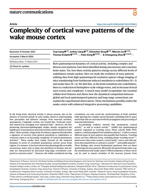Pdf Complexity Of Cortical Wave Patterns Of The Wake Mouse Cortex