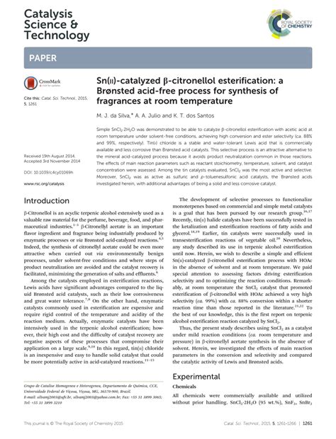 Pdf Snii Catalyzed β Citronellol Esterification A Brønsted Acid Free Process For Synthesis