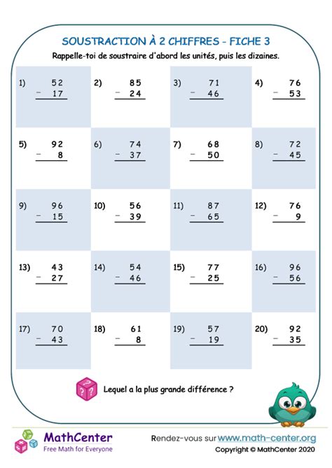 CE1 Fiches de travail Soustraction à deux chiffres avec regroupement