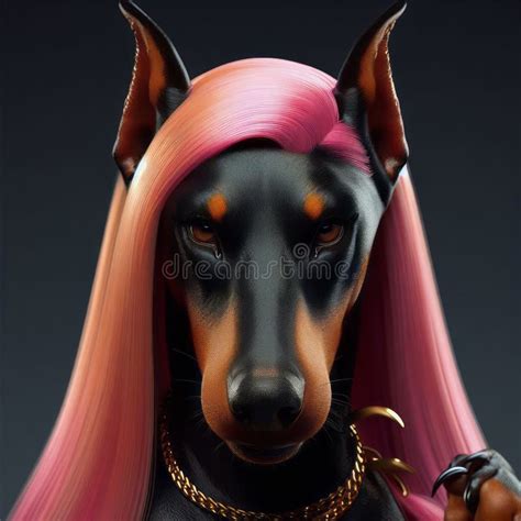 Ai Generated Illustration Of A Black Doberman With A Pink Hair Stock