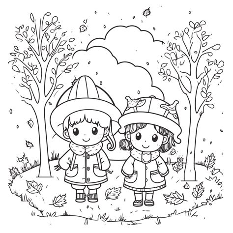 가을에 숲속을 걷고 있는 두 아이 색칠하기 벡터 가을 시즌 드로잉 가을 시즌 개요 가을 시즌 스케치 Png 일러스트 및 벡터 에 대한 무료 다운로드 Pngtree
