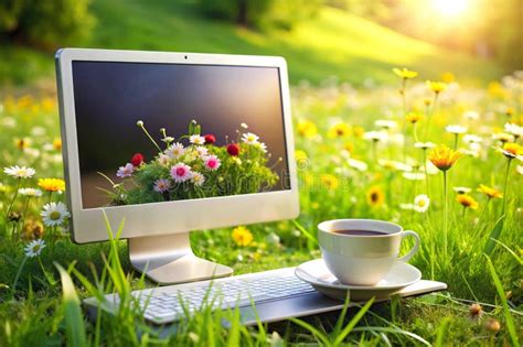 Computer Monitor With Keyboard Cup Of Tea On Green Flower Meadow Stock Illustration