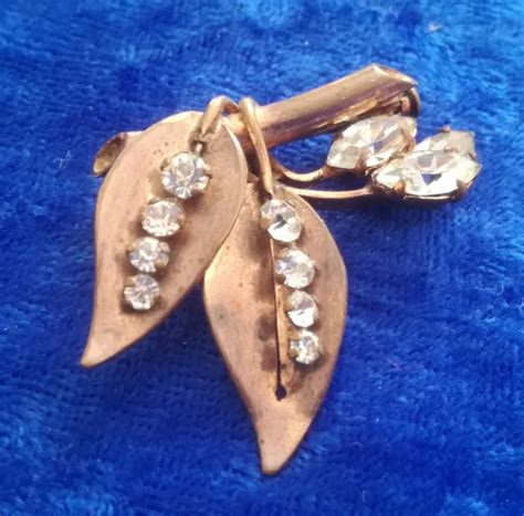 Vintage Bijou Ancien Broche Fleurs Feuilles Laiton Ou Cuivre Strass