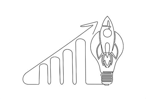 조명 아이디어 로켓 발사 선박 및 화살표 막대 그래프를 증가시키는 연속 선 그리기 연속 선 그리기 스타트업 비즈니스 벡터 일러스트 레이 션 흰색 배경에 고립되어 있습니다